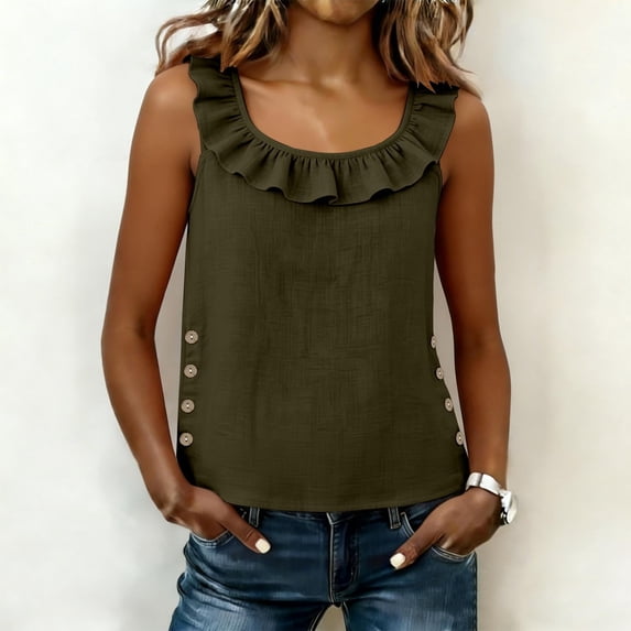 Backless Tank Tops for Women Linen Sleeveless Ruffle Scoop Neck Tops ...