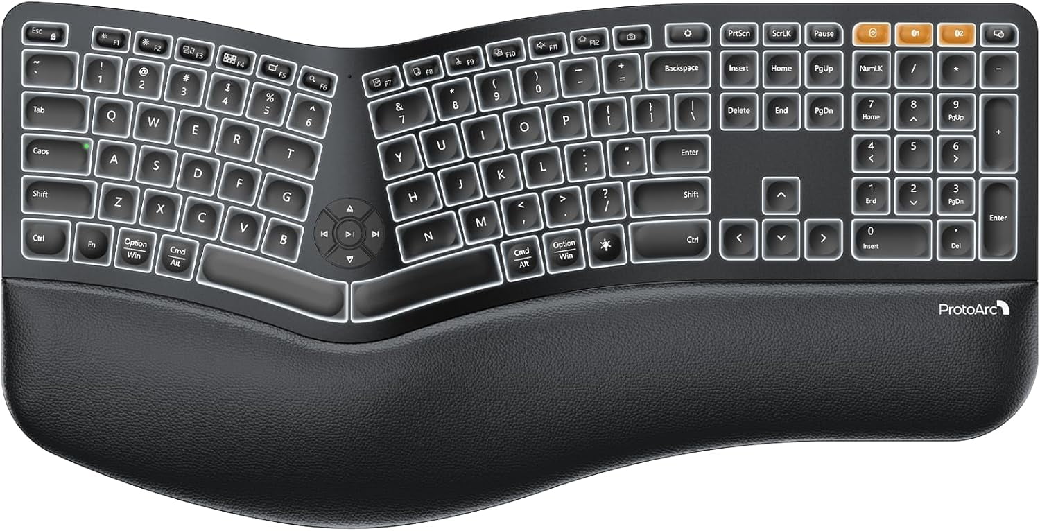 Backlit Bluetooth Ergonomic Keyboard, EK01 Plus Full Size Wireless ...