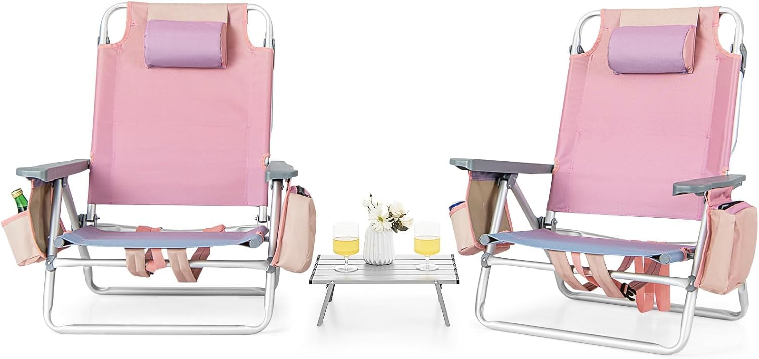 Backpack Beach Chair with Table, 5-Position Lay Flat Chairs with Cooler ...