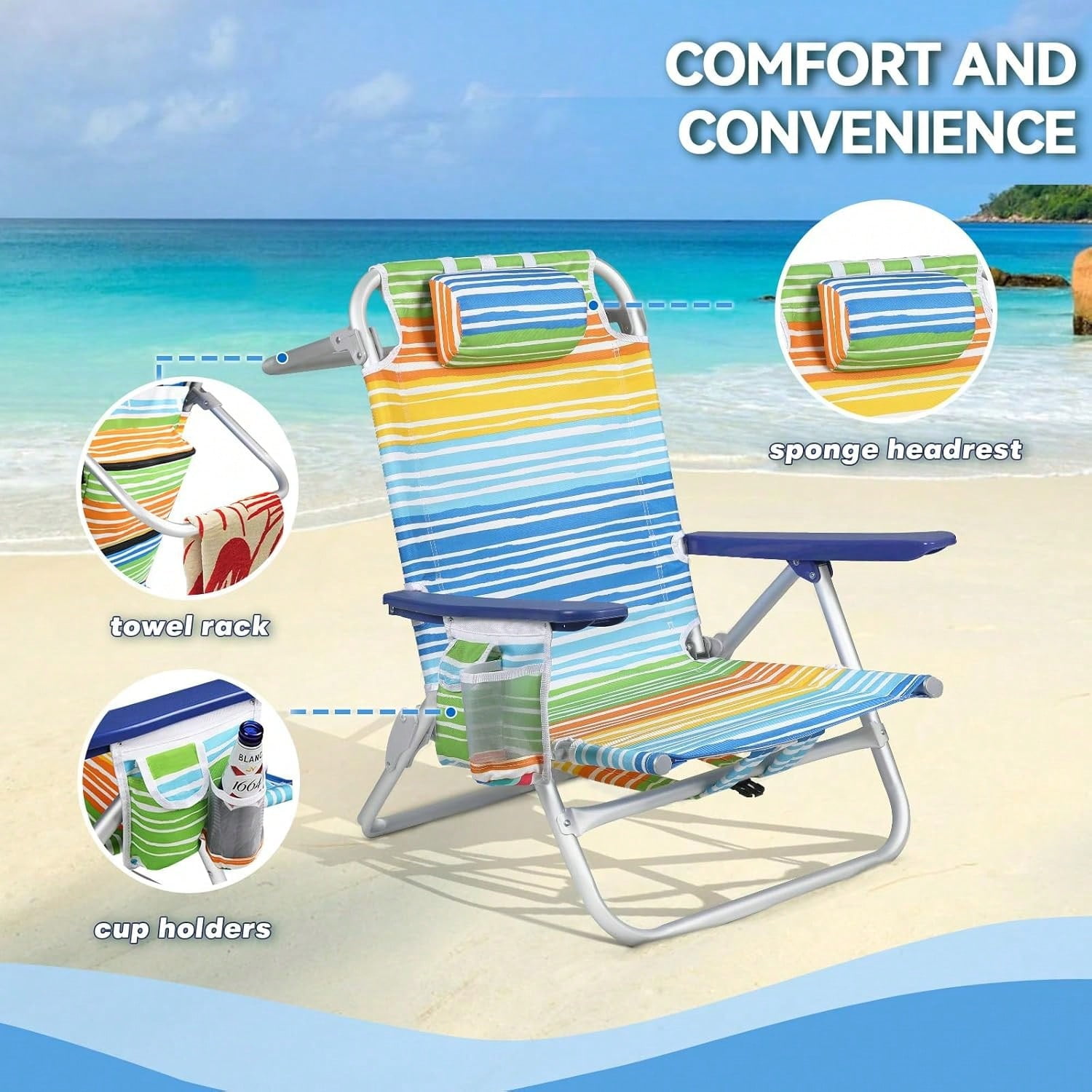 Backpack Beach Chair With Headrest For Adults, Folding Camping Chair ...