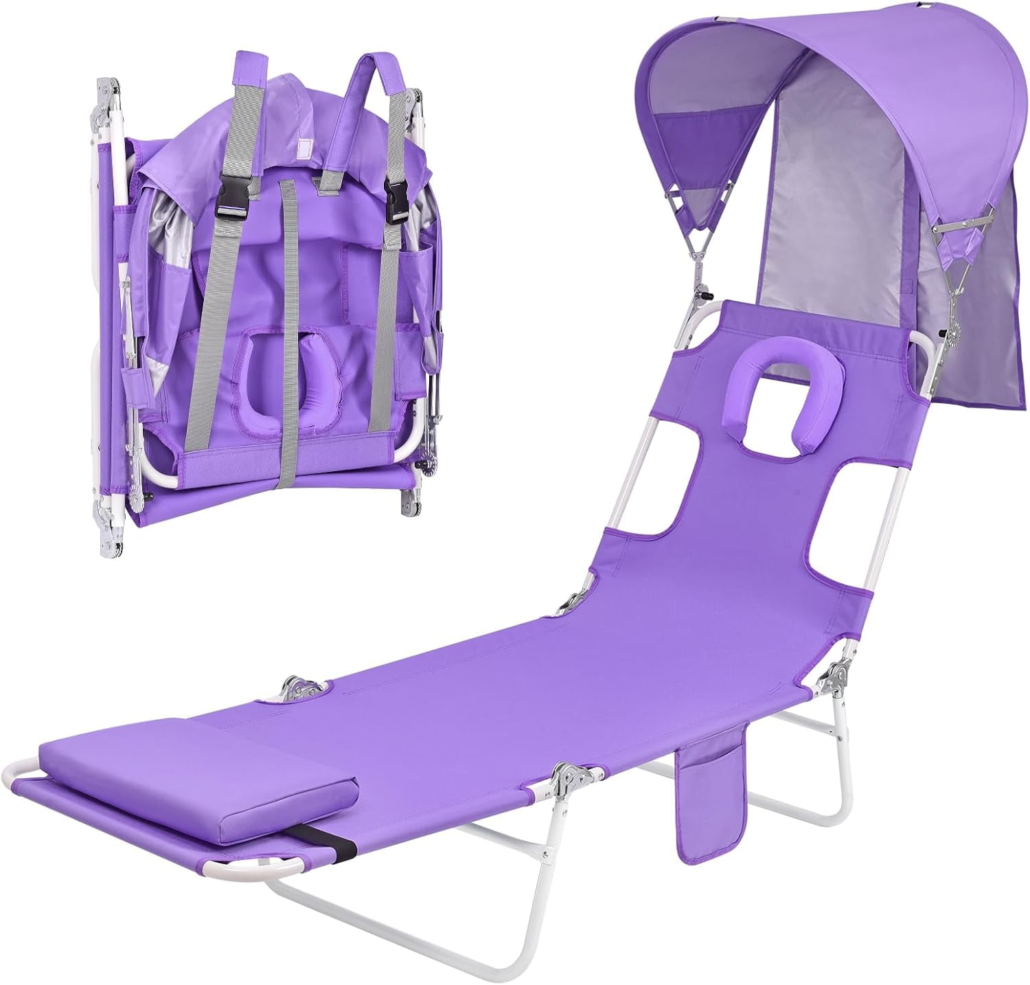 Backpack Beach Tanning Chair with Canopy Sun Shade & Face Hole, 6 ...