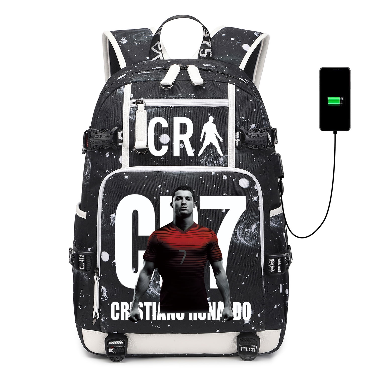 Backpack Printed Cristiano Ronaldo Waterproof Fits Laptop USB Charge ...