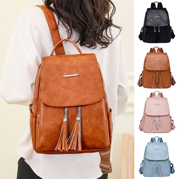 Backpack for Women Ladies Fashion Solid Color Leather Tassel Zipper ...