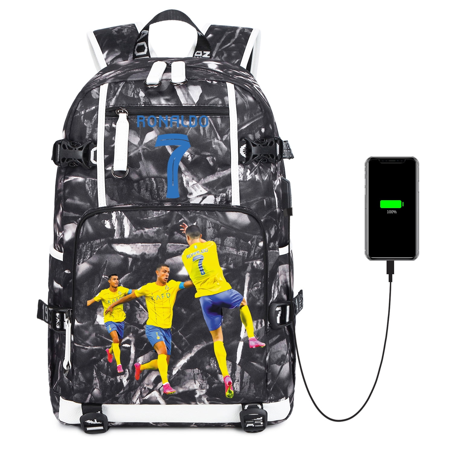 Backpack printed Cristiano Ronaldo waterproof laptop USB charges ...