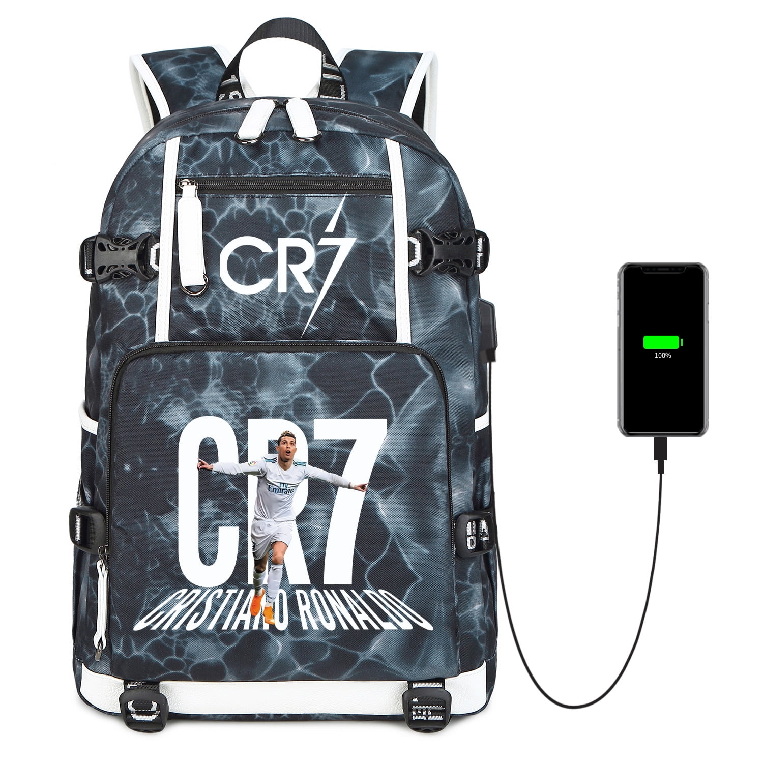 Backpack printed Cristiano Ronaldo waterproof laptop USB charges Travel ...