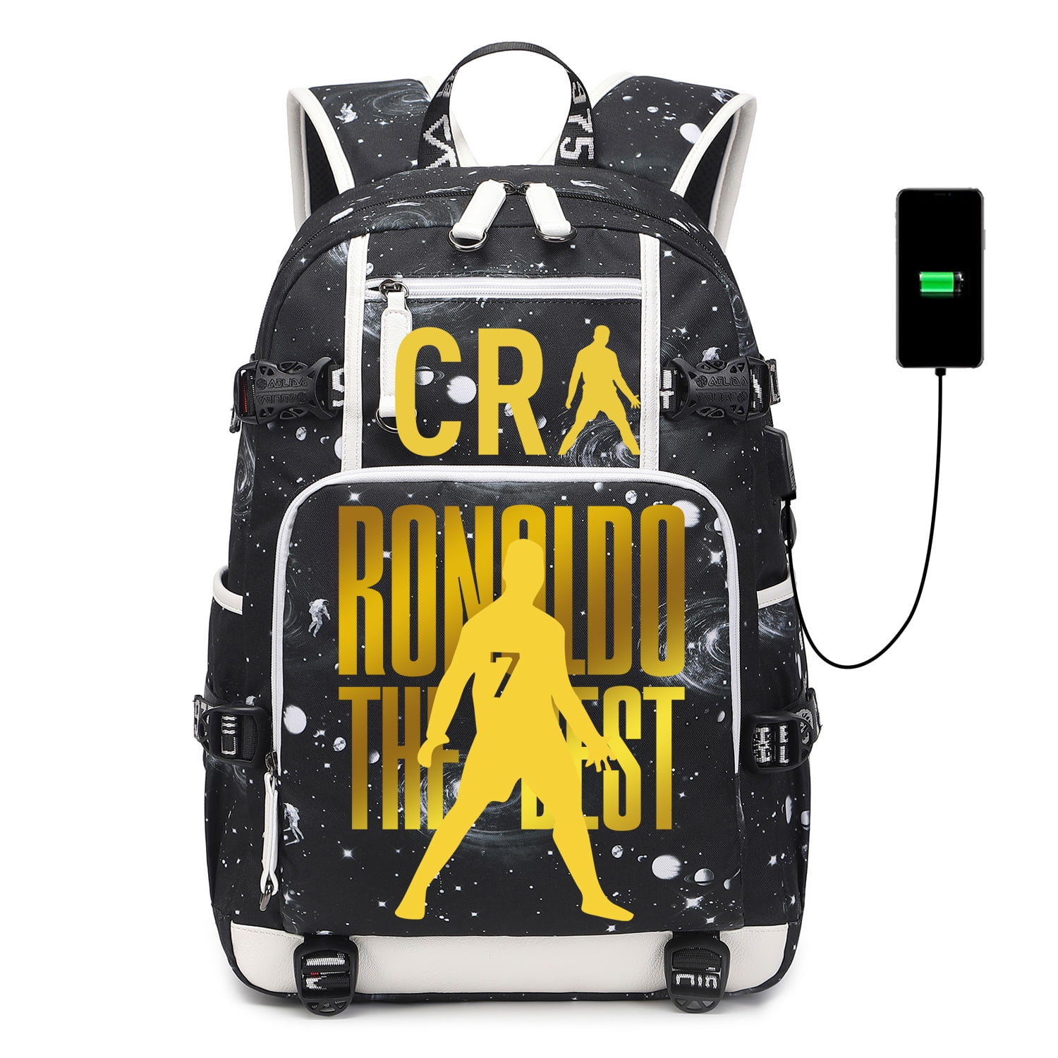 Backpack waterproof printed Cristiano Ronaldo fits laptop USB charges ...