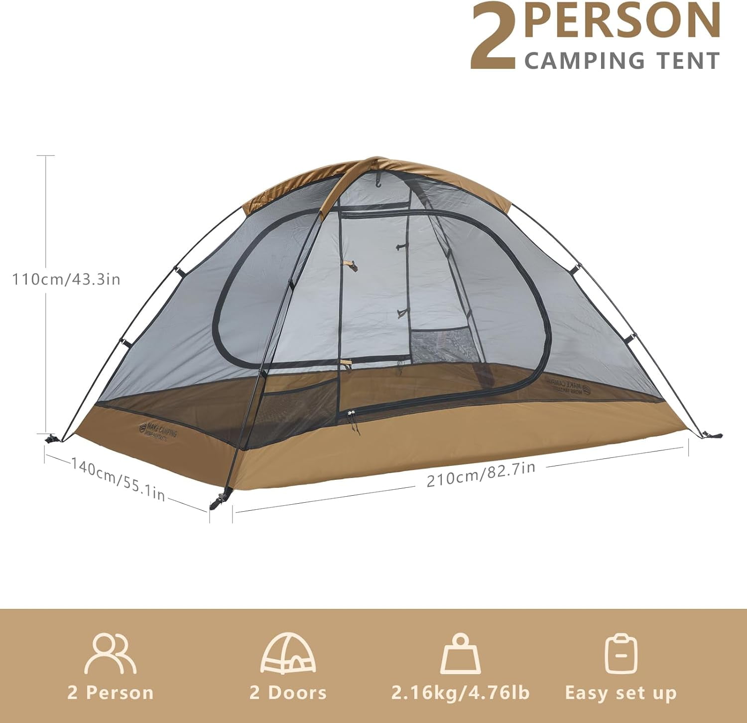 Backpacking Tent 2 Person Lightweight Camping Tent Waterproof 3 Season ...