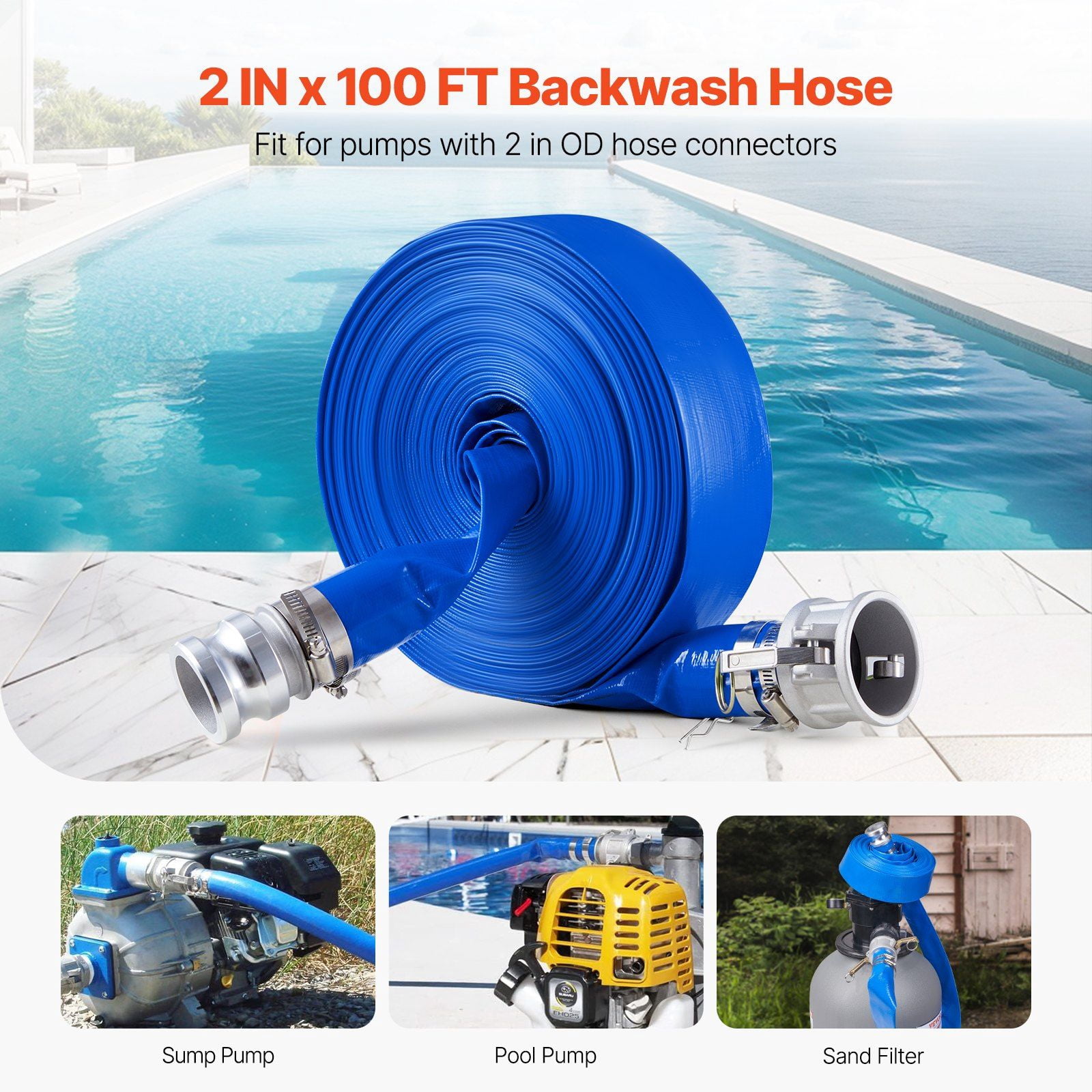Backwash Hose,2 inx100 ft,Blue High Quality PVC Hose,with Clamps ...
