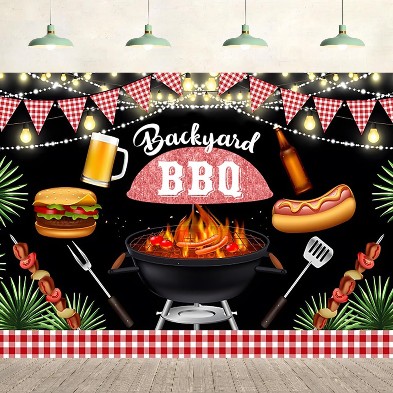 Backyard BBQ Backdrop Palm Leaves Grill Hamburger Hot Dog Beer Red ...