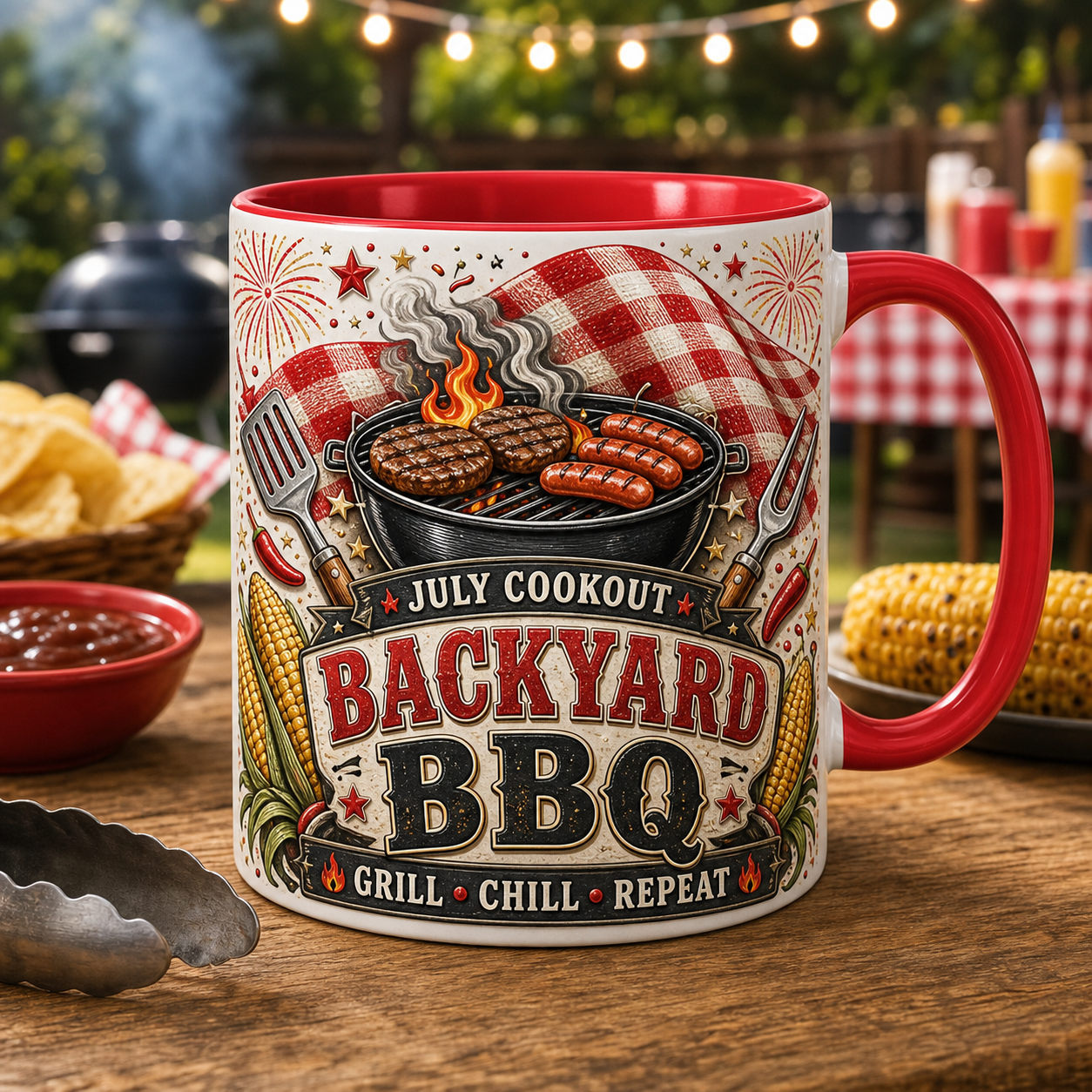Backyard BBQ Mug 3D Effect July Cookout Coffee Cup for Grill Masters ...
