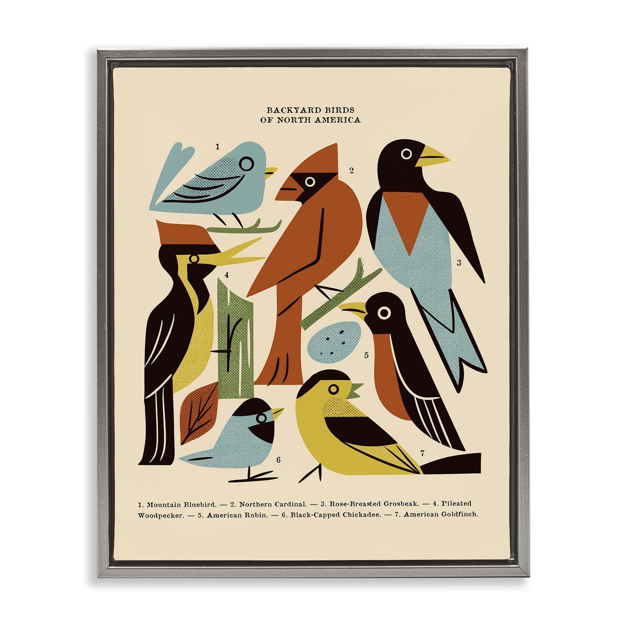 Backyard Birds Midcentury Modern Gray Framed Floater Canvas Wall Art ...
