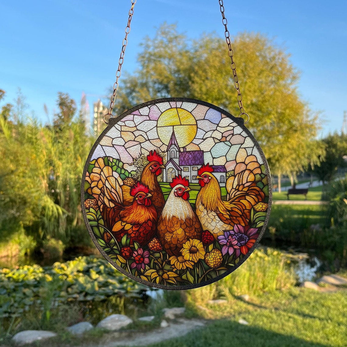 Backyard Chickens Glass Suncatcher, Farmhouse Window Hanging Farm ...