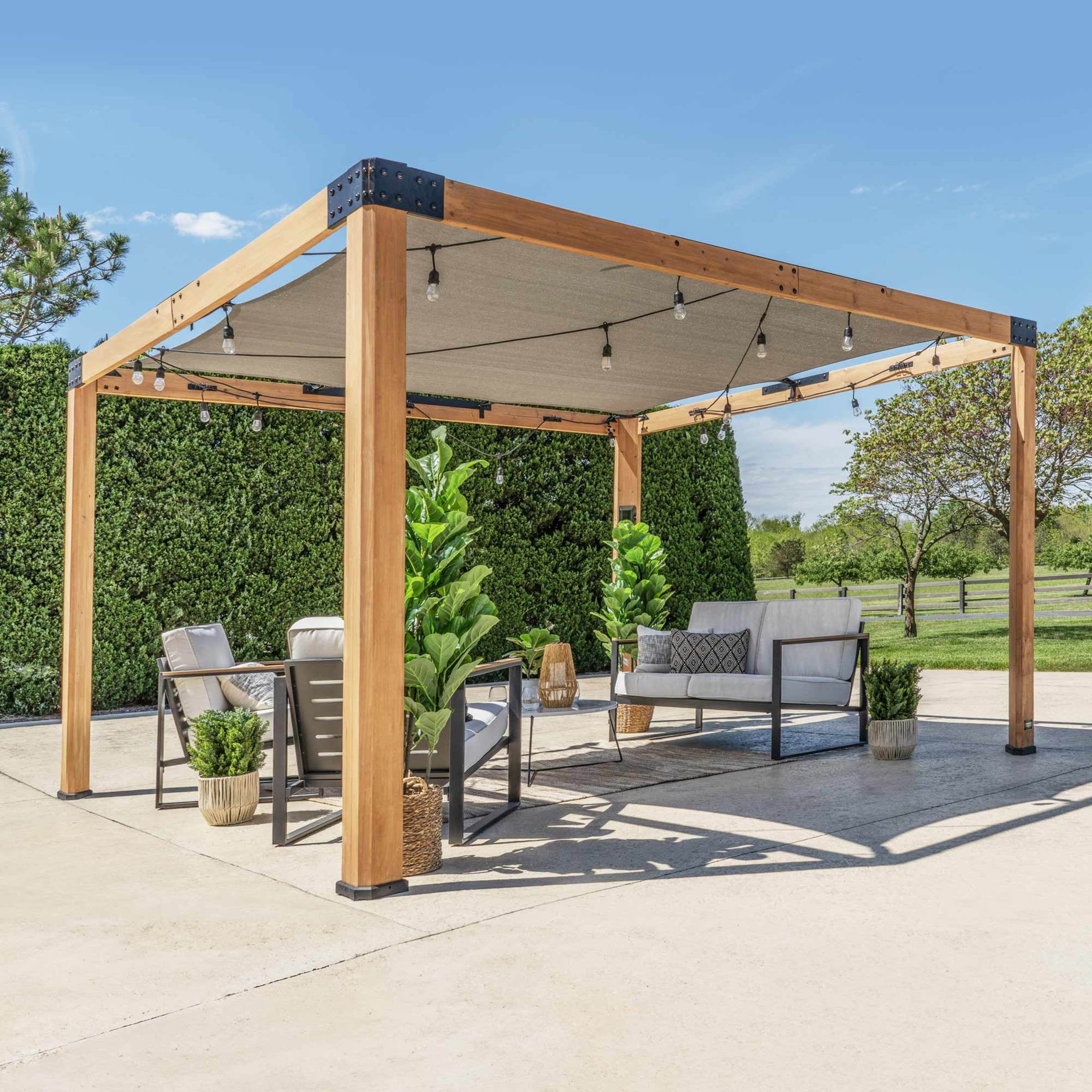 Backyard Discovery Brendan 12'x10' Cedar Wood Pergola Kit, Shade Sail Canopy, PowerPort ...