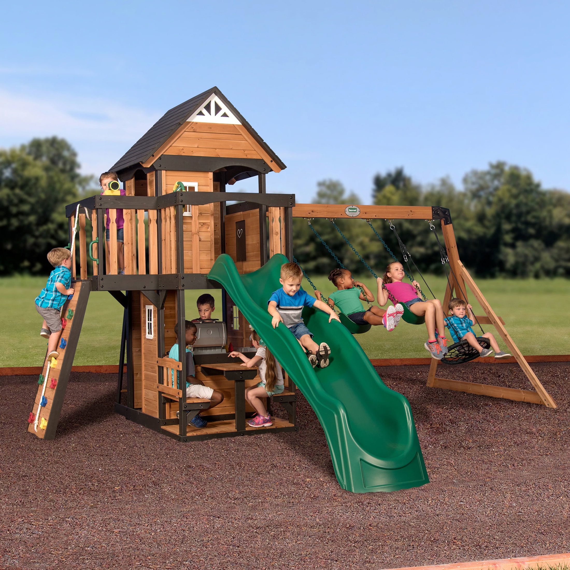 Backyard Discovery Cedar Wood Swing Set, Slide, Clubhouse, Rock Wall, 8 ...