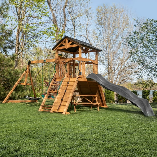 Backyard Discovery Endeavor II Wooden Outdoor Playground Swing Set with ...