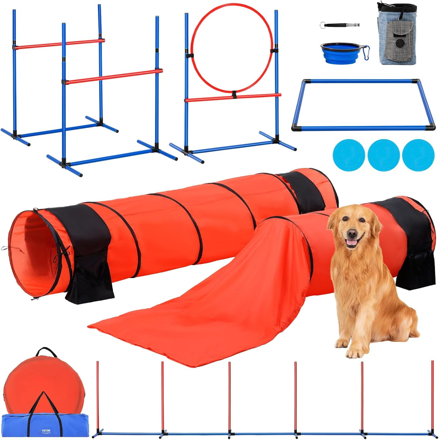 Backyard Dog Agility Course Set, 13-Piece Training Kit with Tunnels ...