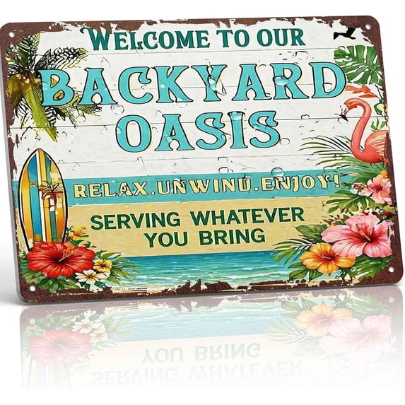 Backyard Oasis Beach Flamingo Metal Sign 8x12 Inch, Funny Wall Decor ...