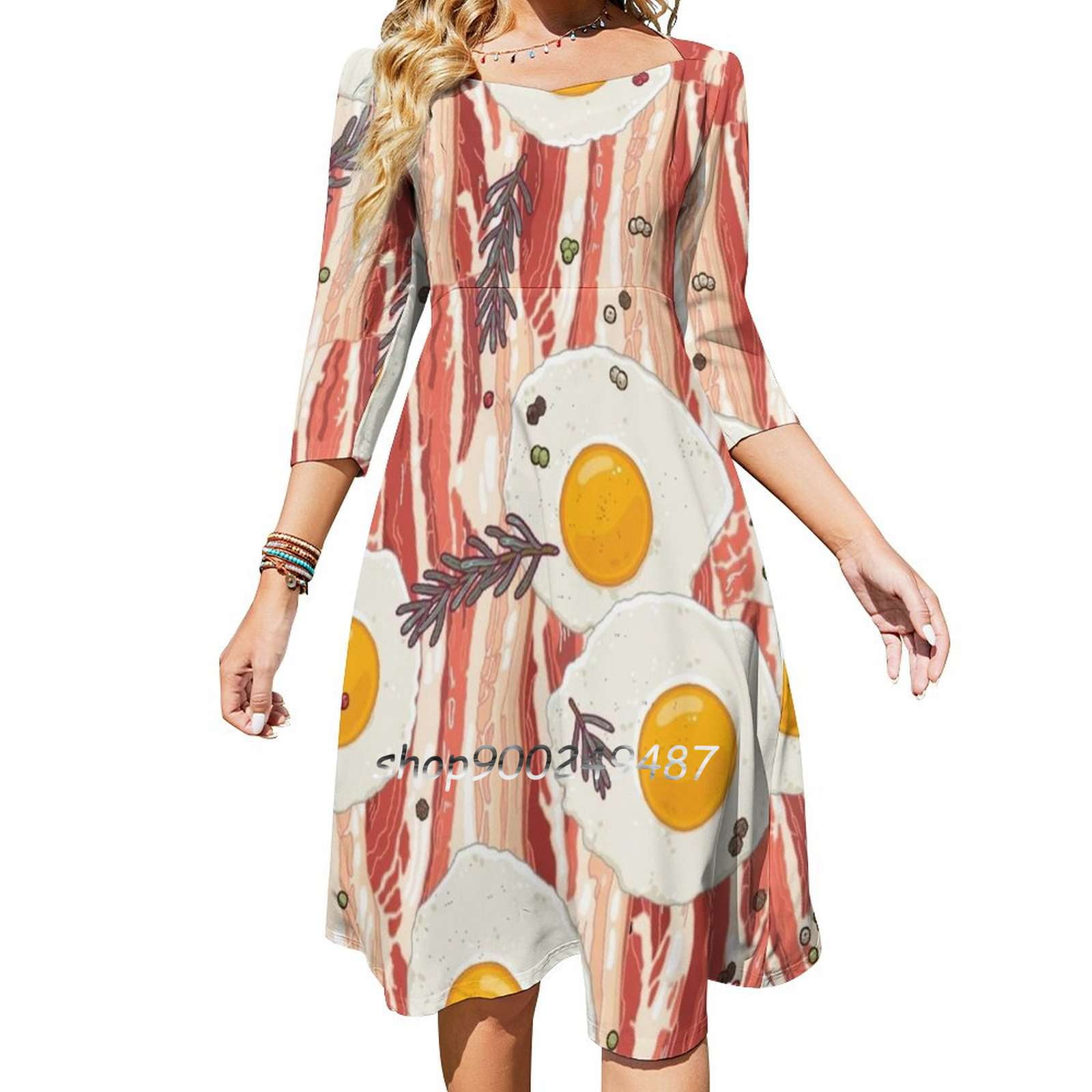 Bacon And Eggs Square Neck Dress New Plus Size Elegant Women Waist ...