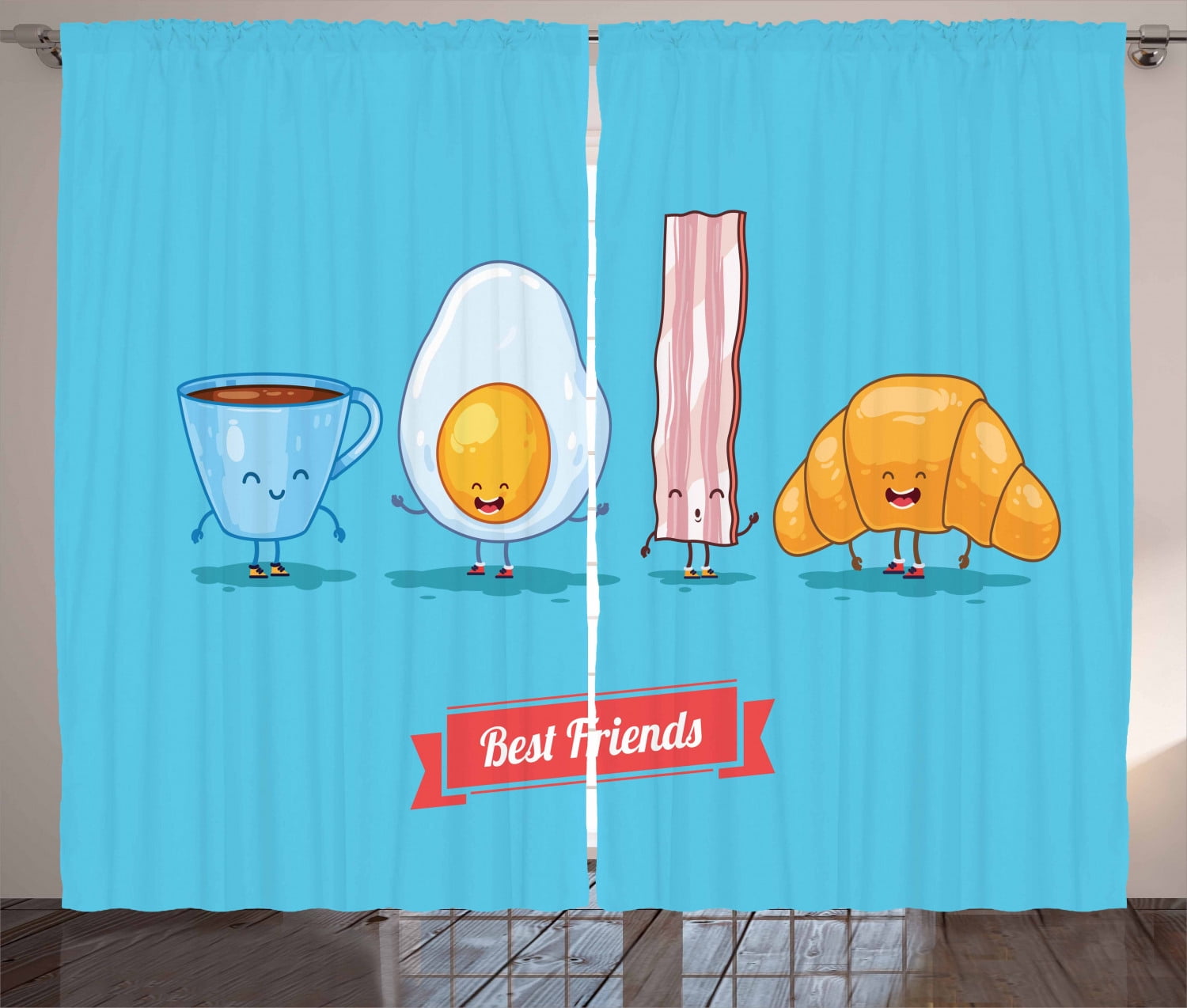 Ambesonne Bacon Curtains 2 Panel Set, Comic Breakfast Friends, 108" x ...
