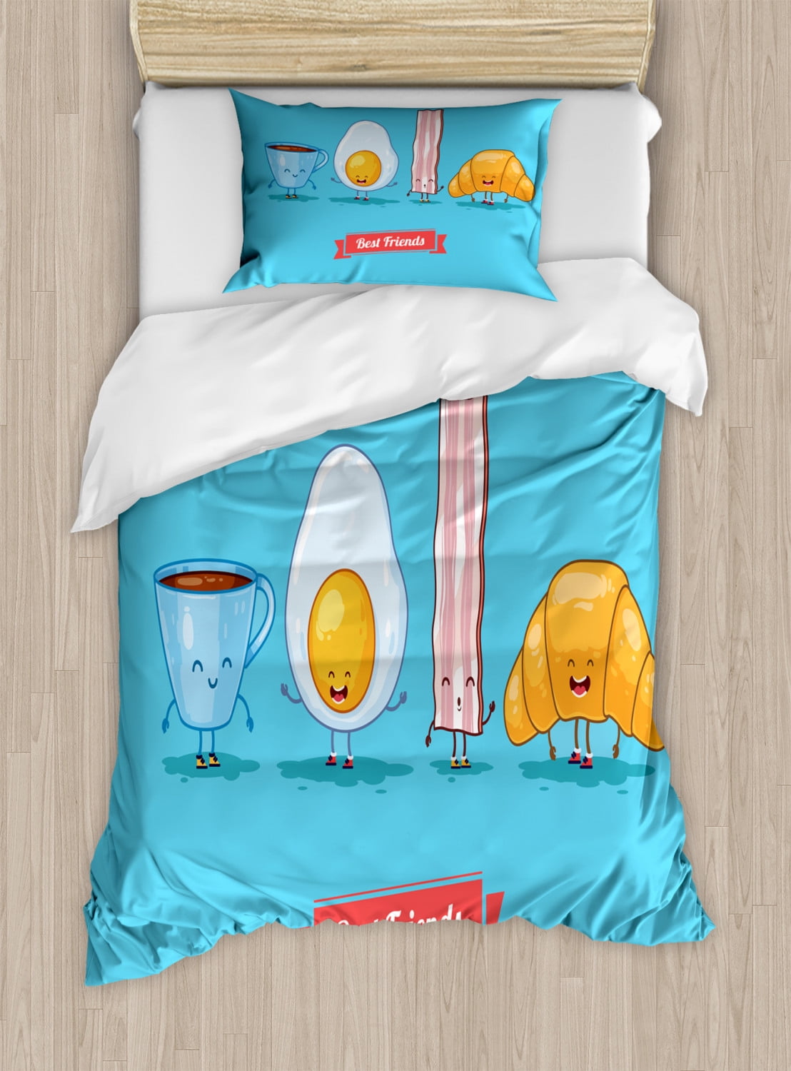 Bacon Duvet Cover Set Twin Size, Comic Figures of Breakfast Menu as Cup ...
