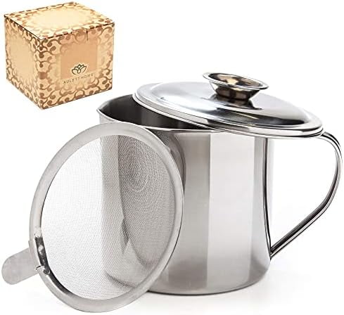 Bacon Fat Container with Oil Strainer - 40 oz Stainless Steel Grease ...