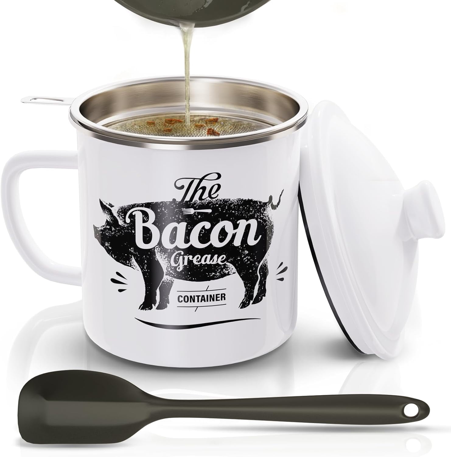 Bacon Grease Container with Strainer, 46oz Enamel Bacon Fat Container ...