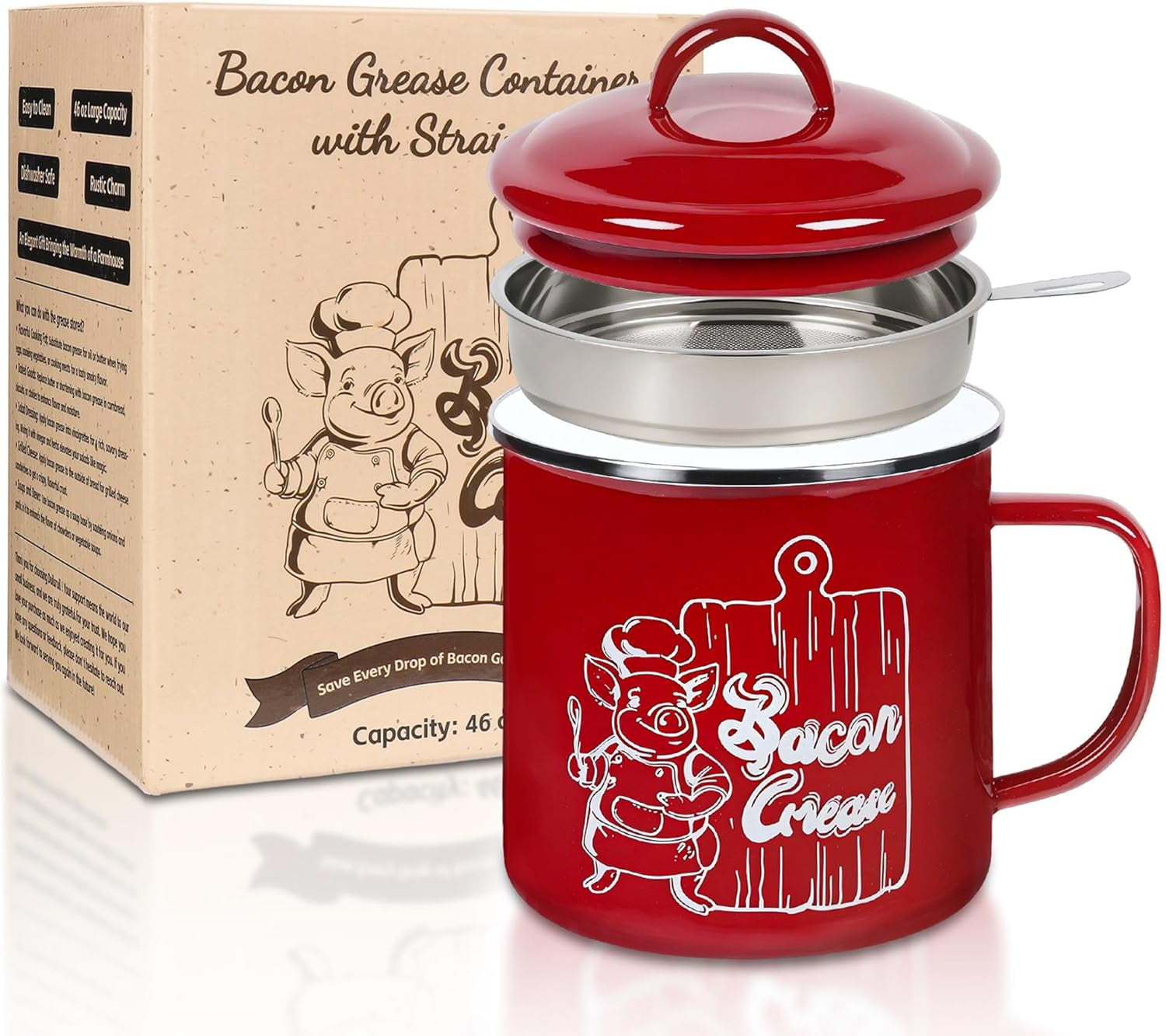 Bacon Grease Container with Strainer, 46oz Large Fat Saver with Food ...