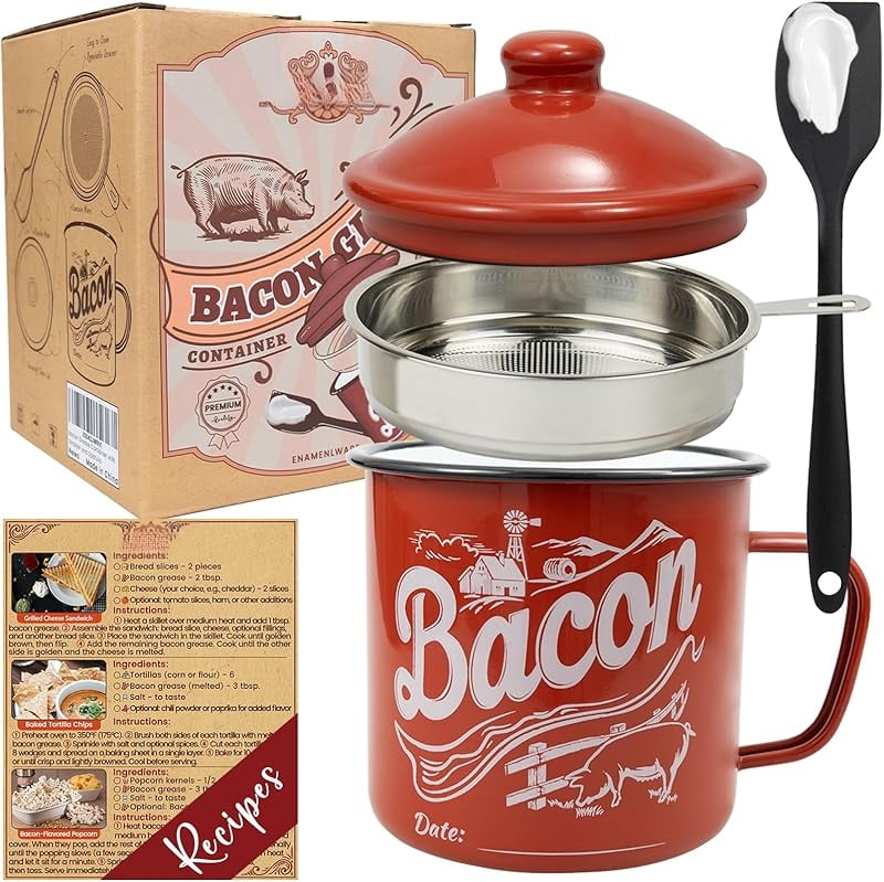 Bacon Grease Container with Strainer - With Food-Grade Silicone Spatula ...