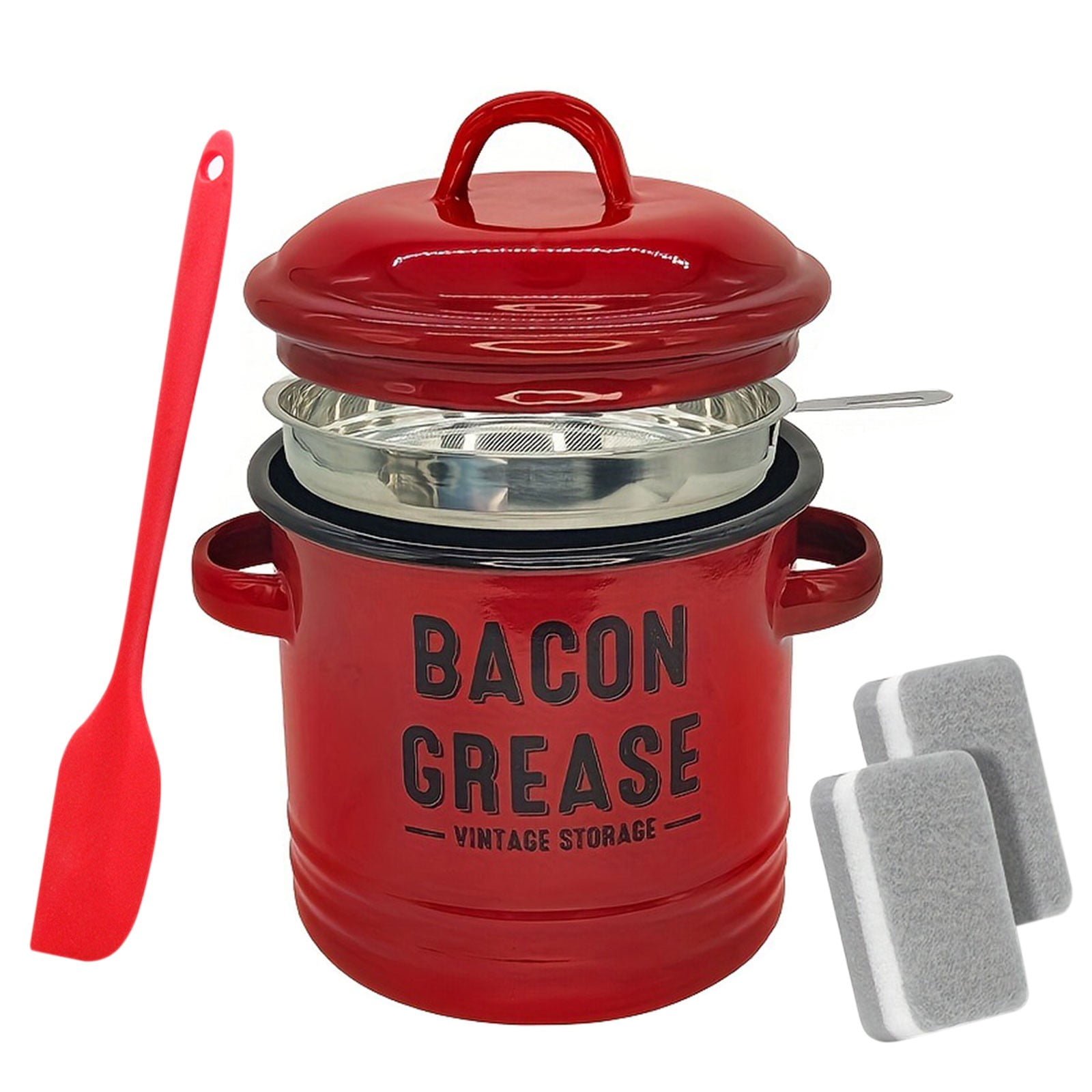 Bacon Grease Container With Strainer,Scraper,Sponges,40 Oz Metal Oil ...