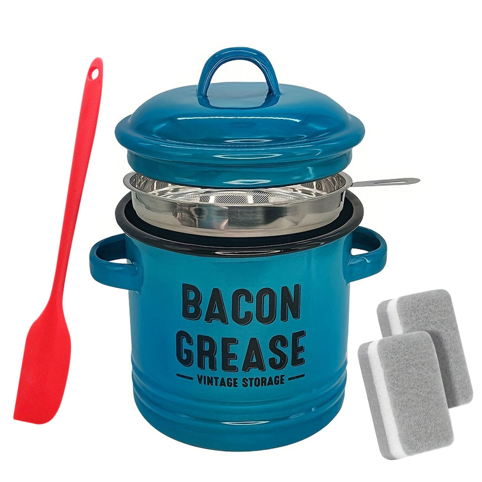 Bacon Grease Container With Strainer,Scraper,Sponges,40 Oz Metal Oil ...