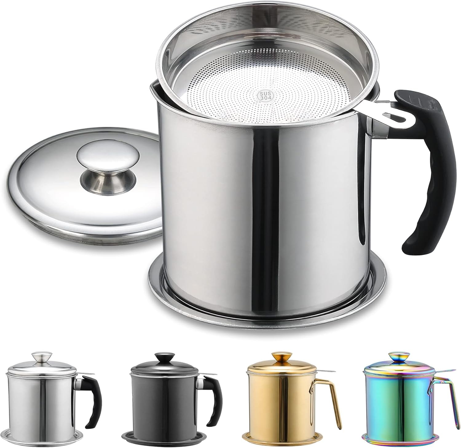 Bacon Grease Container With Strainer , Stainless Steel Oil Storage ...