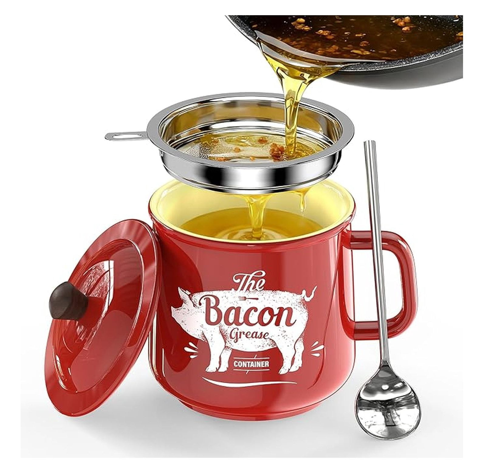 Bacon Grease Container with Strainer - 23oz Ceramic Grease Keeper - Red ...