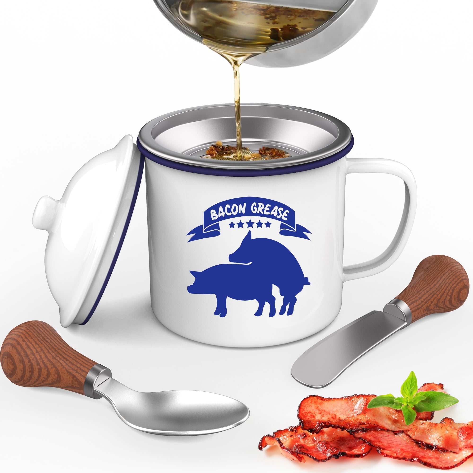 Bacon Grease Saver with Strainer, 15OZ Enamel Bacon Grease Saver with ...