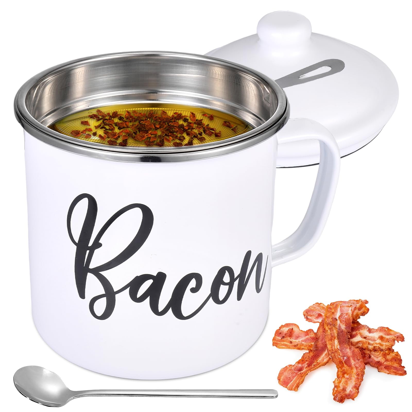 Bacon Grease Saver with Strainer - 15oz Enamel Grease Container, Farmhouse Bacon Grease Keeper ...