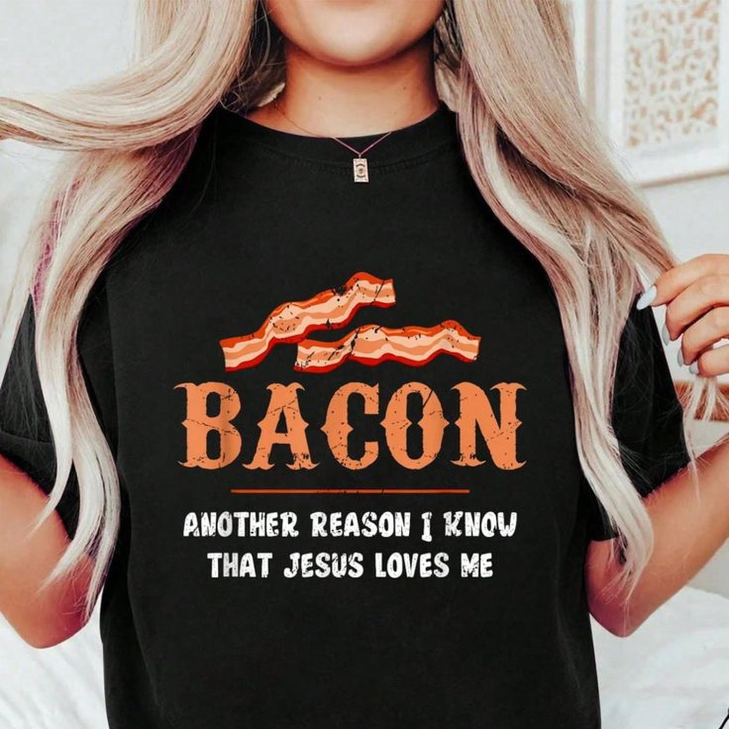 Bacon Jesus Print T-S1HiR1ASual Crew Neck S1Hort eeve Comfort T1EE Top ...