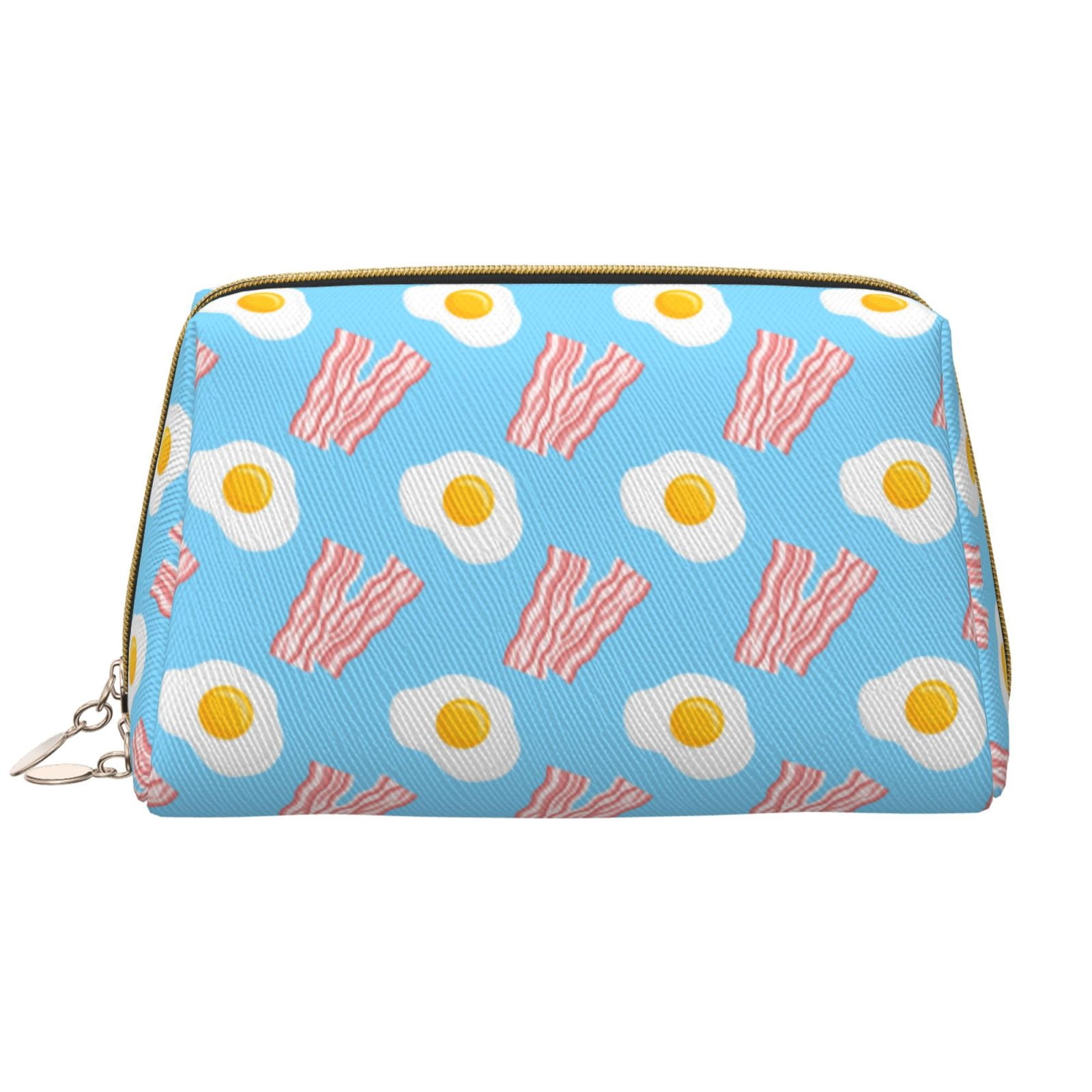 Bacon Print Blue Makeup Bag, Leather Waterproof Travel Toiletry Bag ...