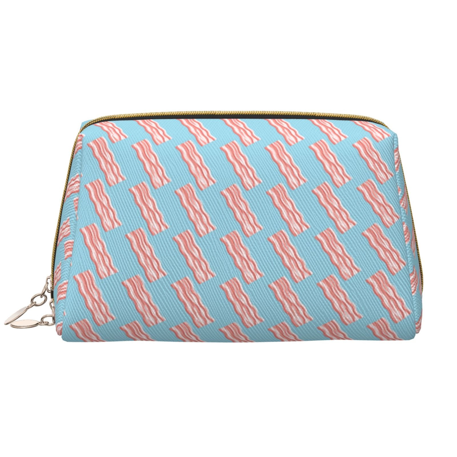 Bacon Print Light Blue Makeup Bag, Large Capacity Cosmetic Bag Portable ...