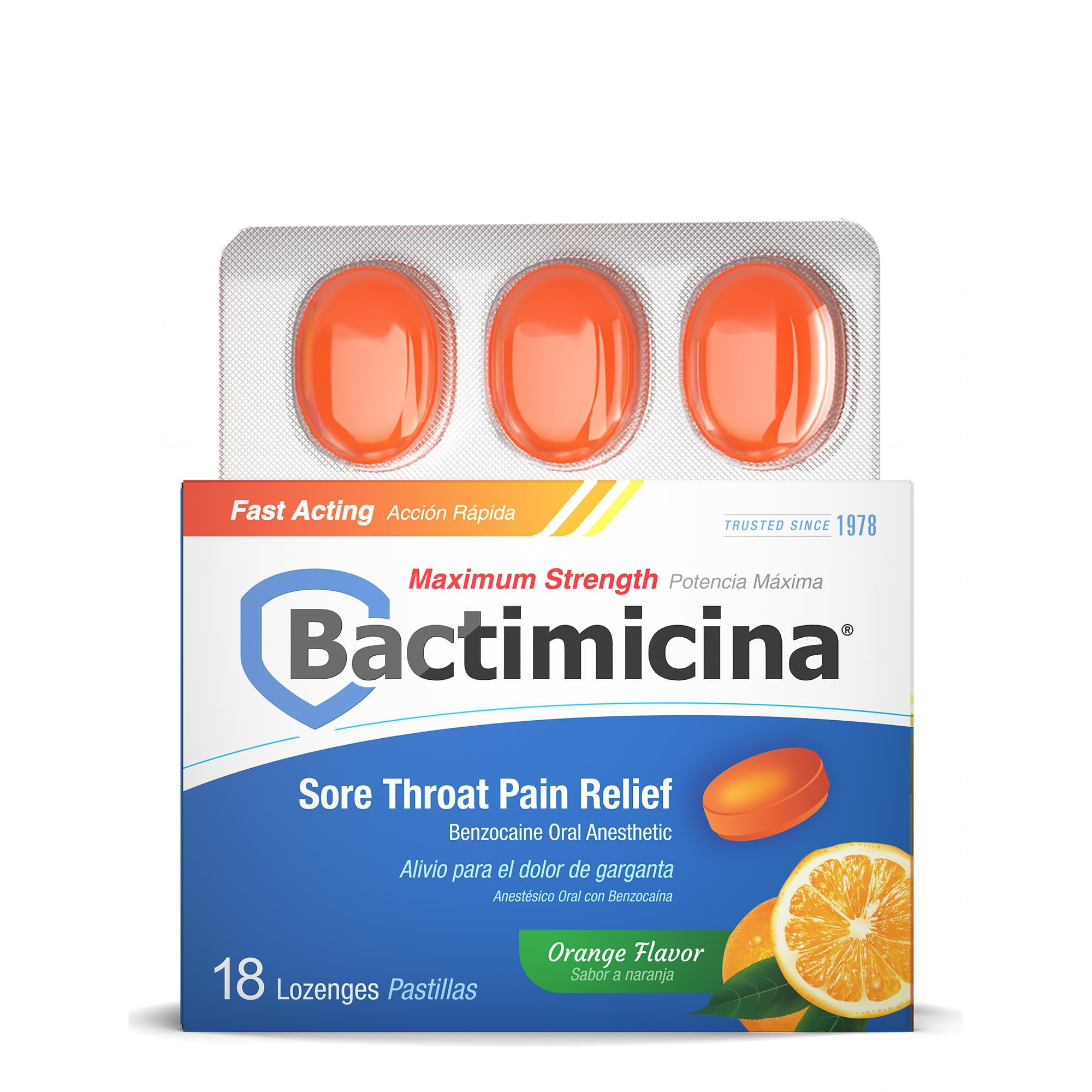 Bactimicina Sore Throat Lozenges KEF16 Maximum Strength, Orange Flavor ...