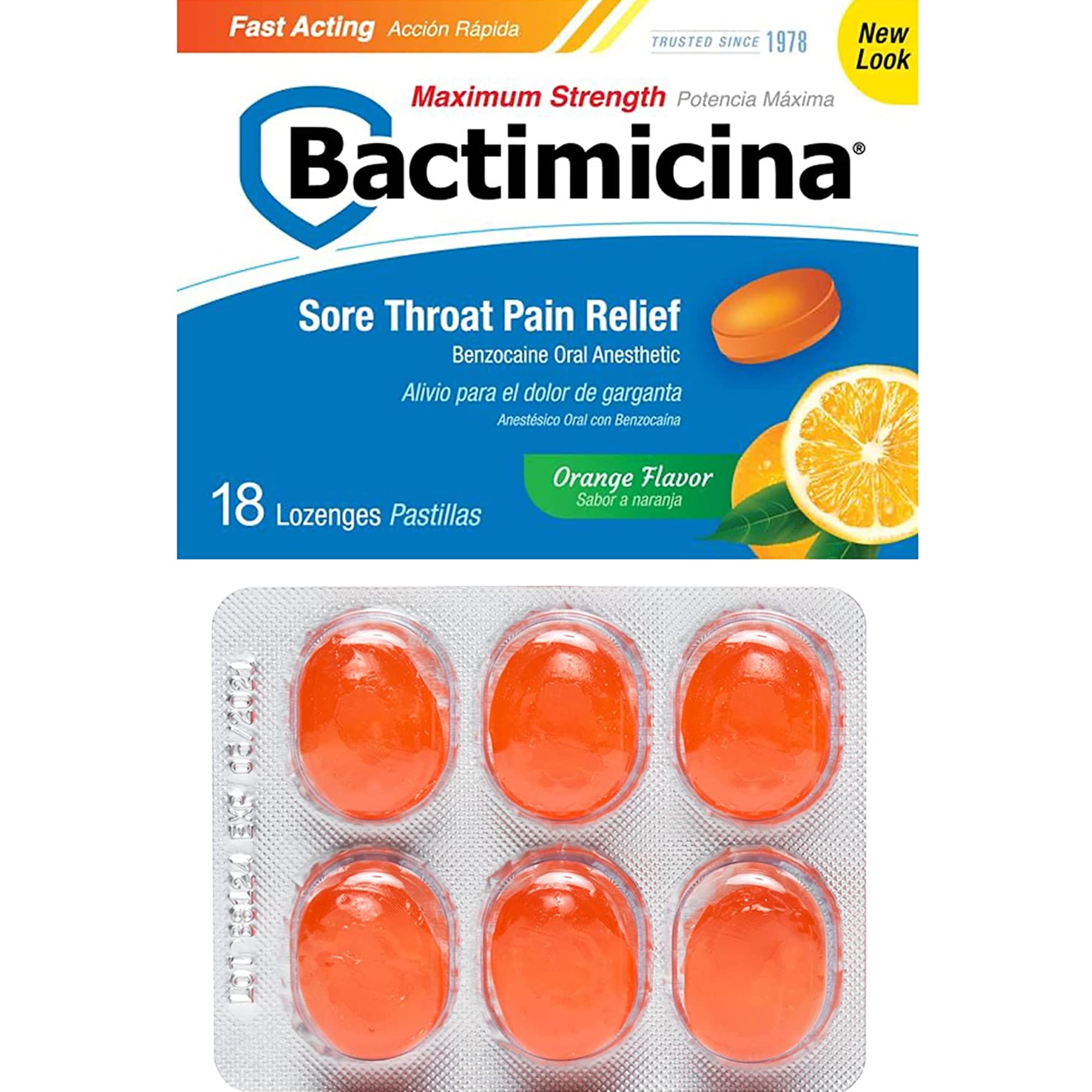 Bactimicina Sore Throat Pain Relief Lozenges, Maximum Strength, Orange ...