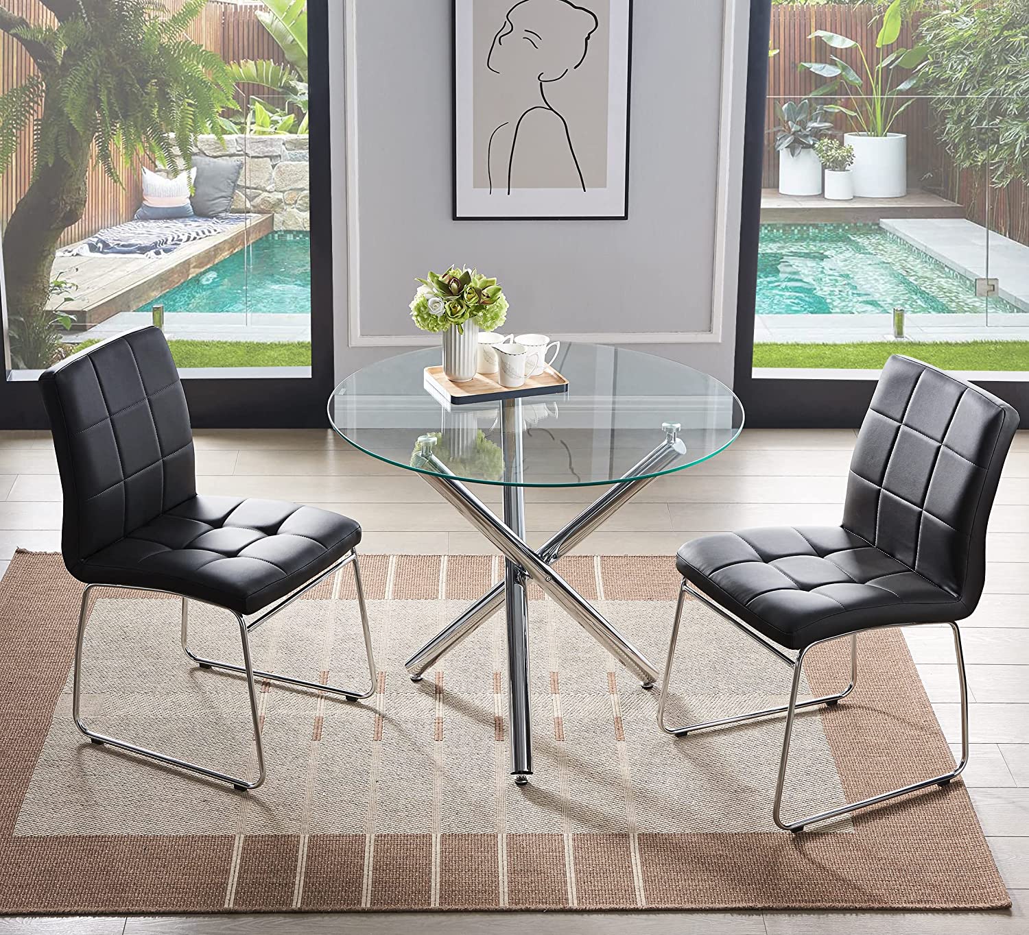 Bacyion Modern 3 Pieces Dining Table Set for 2 - Faux Leather Metal ...