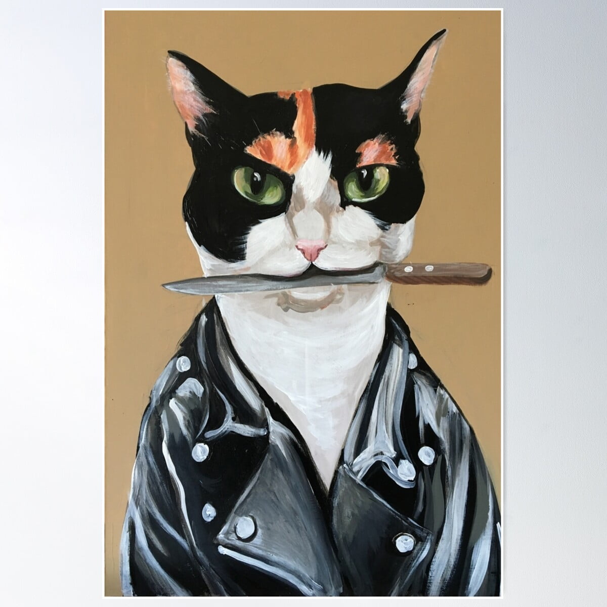 Bad Ass Cat In Leather Jacket With Knife In Mouth Poster Wall Art ...
