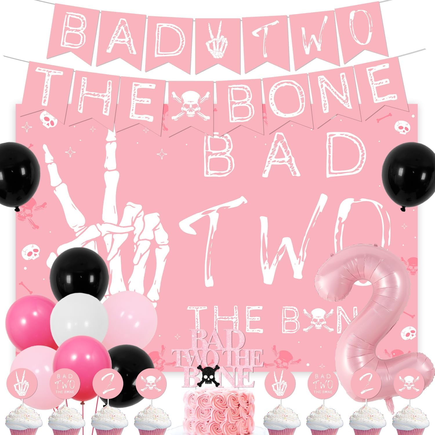 Bad Two the Bone Themed 2nd Birthday Party Decorations for Boys Pink ...