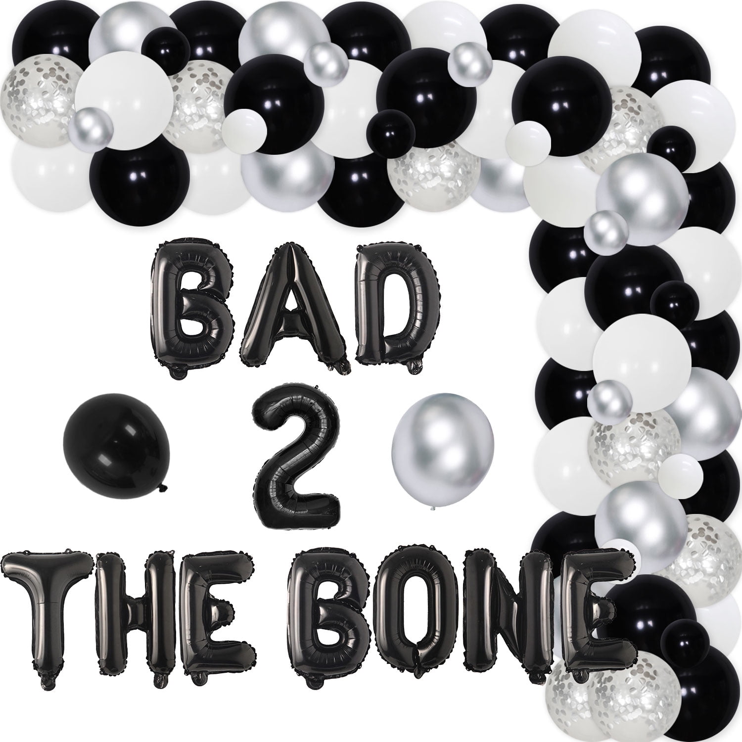 Bad Two The Bone 2nd Birthday Party Decorations Black Silver Balloon Garland Arch Kit with Bad 2 ...