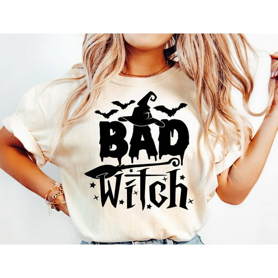 Bad Witch Tee, Witch Hat and Bats Graphic Shirt, Spooky Broomstick ...