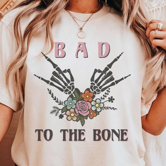 Bad to the Bone Shirt Skeleton Floral Graphic Tee Gothic Rebellious Top ...