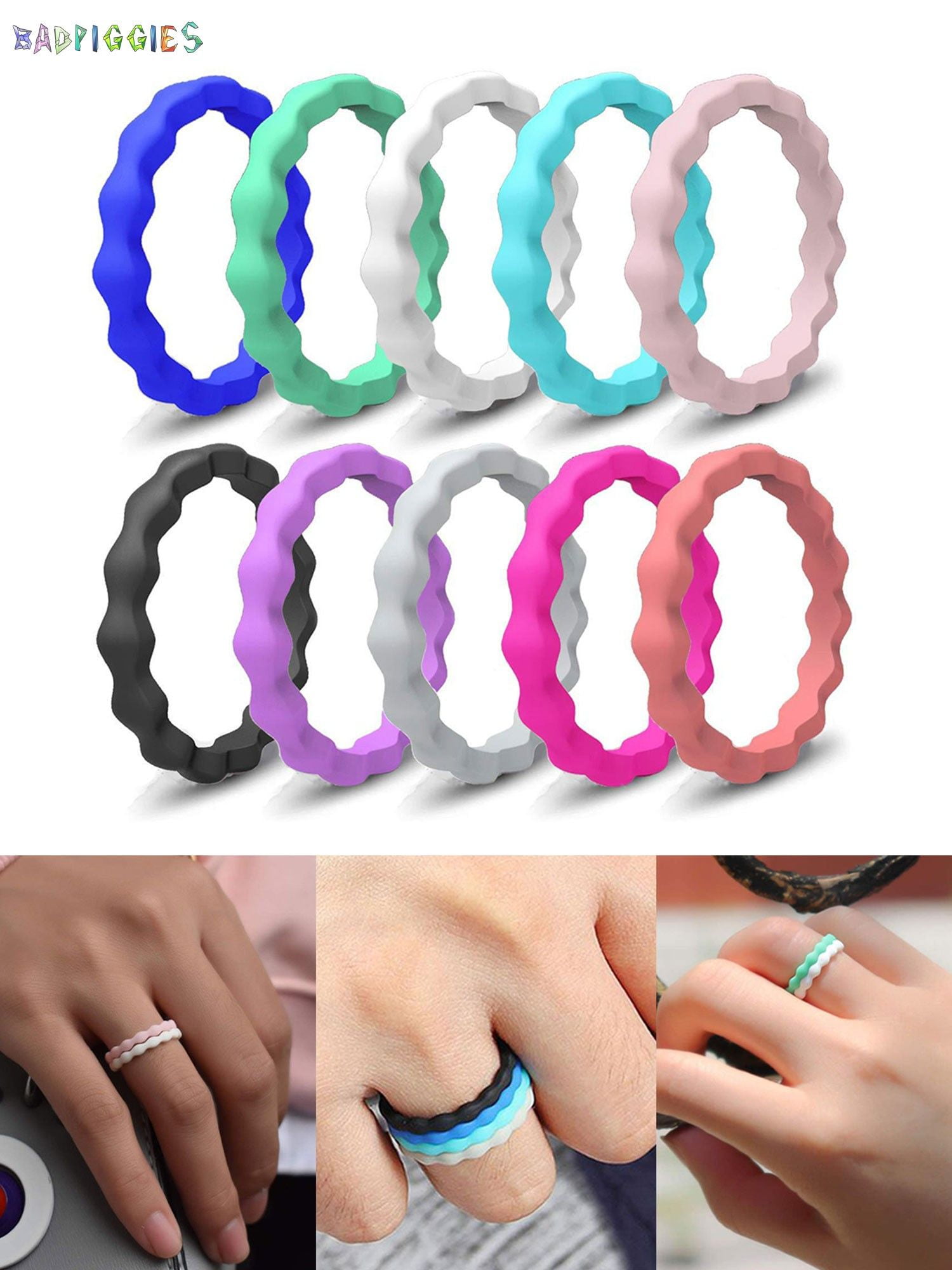 BadPiggies 10Pcs/Set Waterproof Women's Silicone Wedding Band Stackable ...