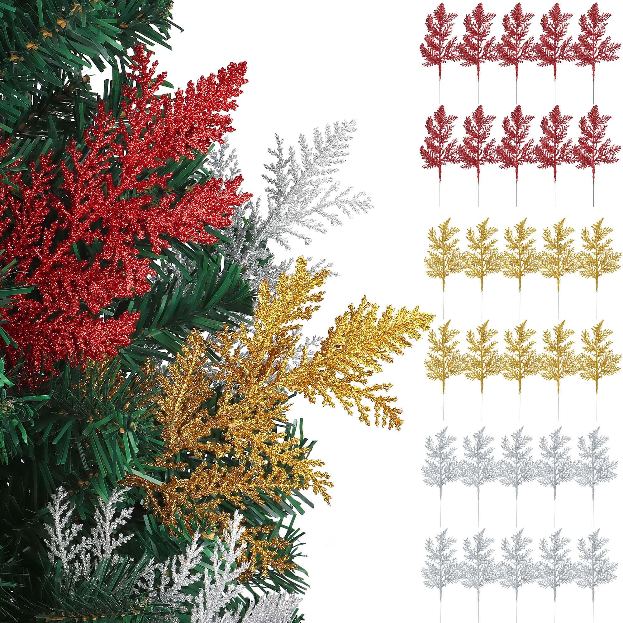BadPiggies 20PCS Artificial Christmas Glitter Fern Leaf, Xmas Tree ...