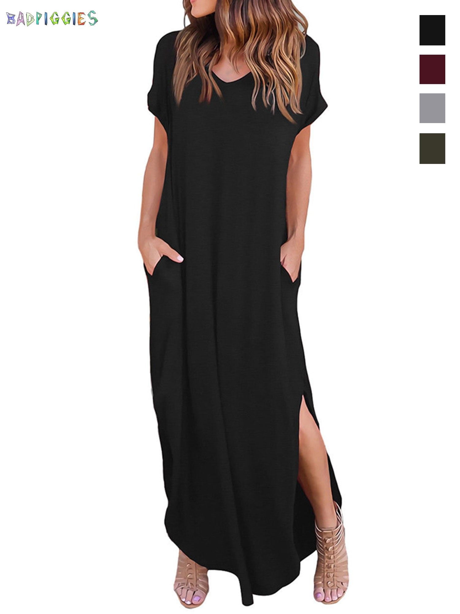 BadPiggies Short Sleeve Loose Maxi Dress with Pockets, Plain Casual ...
