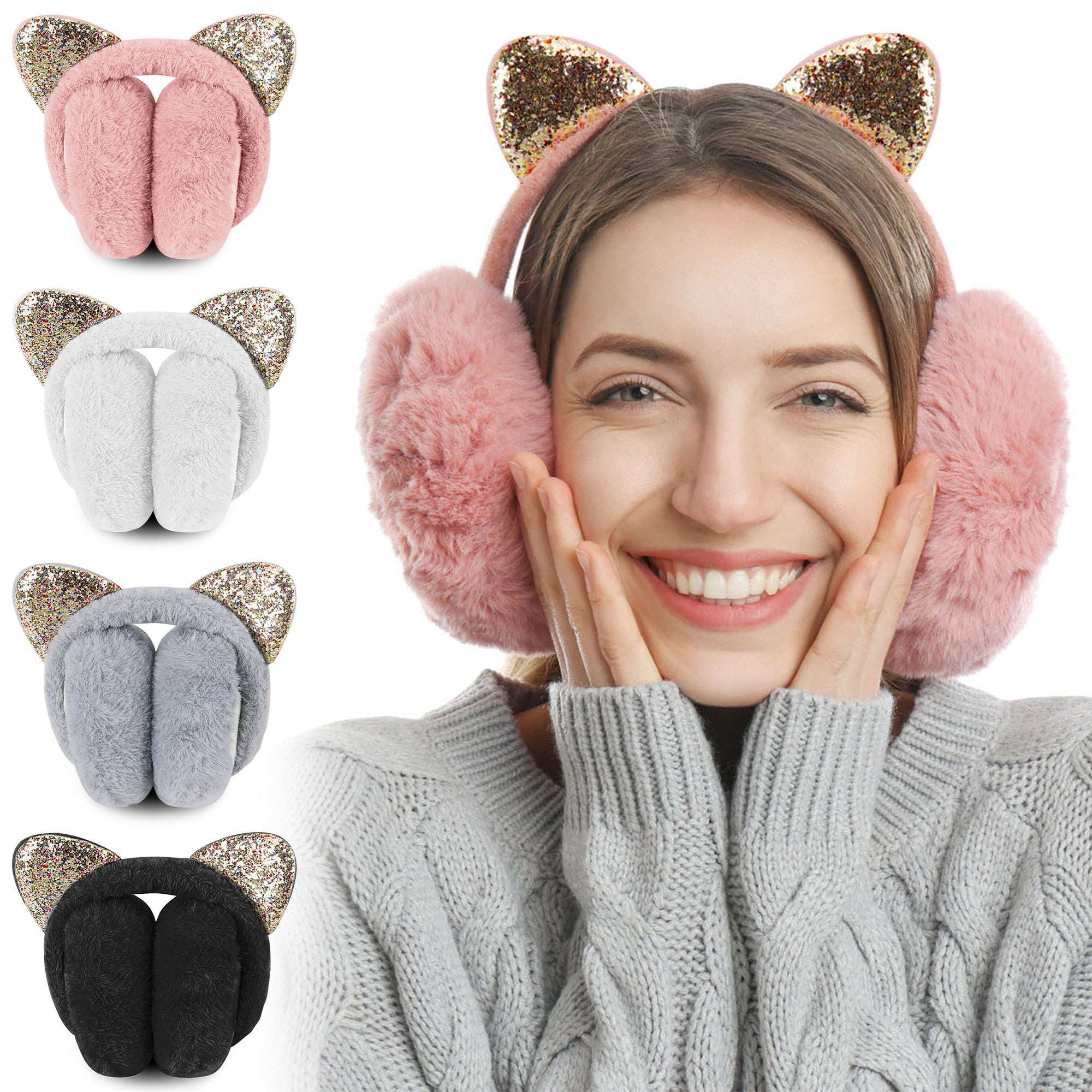 BadPiggies Winter Earmuffs Foldable Fluffy Cute Cat Ear Warmer Glitter ...