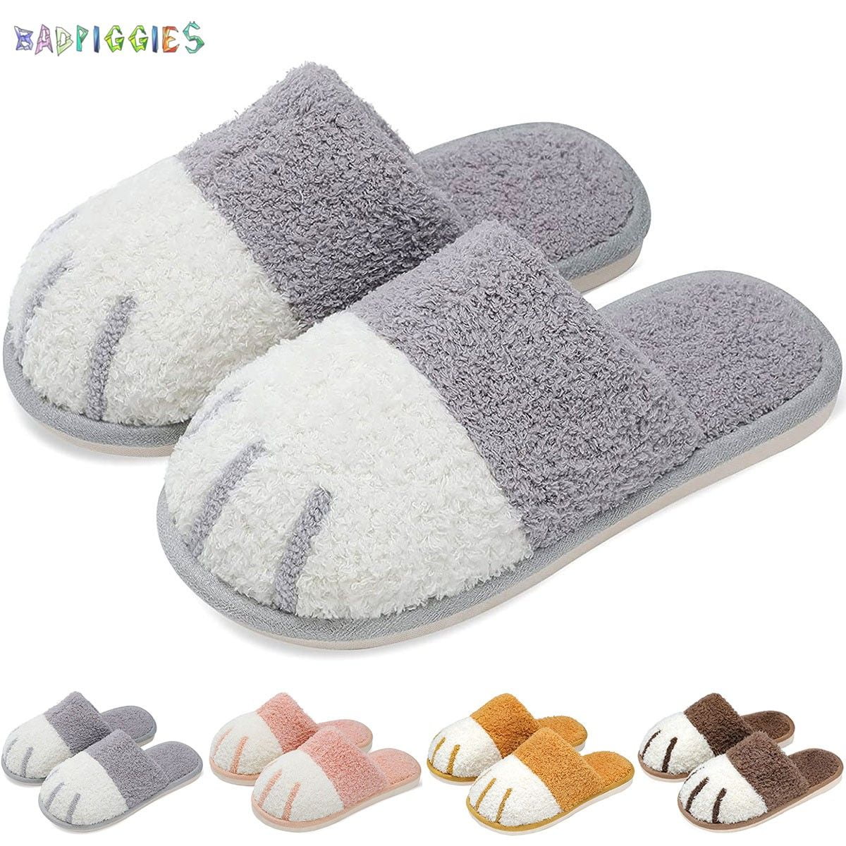 BadPiggies Winter Warm Fleece Slippers, Anti-Slip Cute Animal Paw House ...
